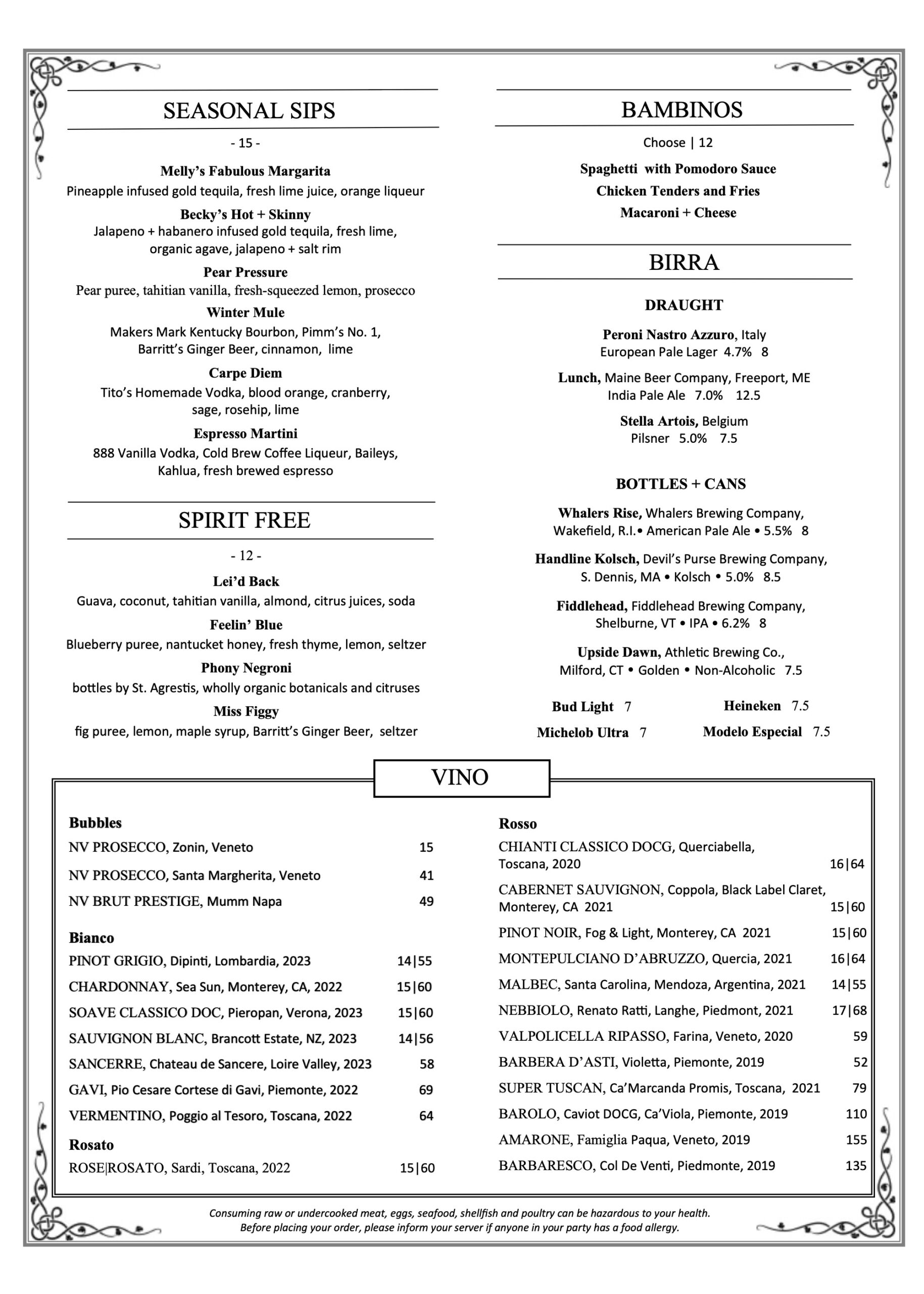 Menu - Fusaro's Homemade Italian Restaurant - Nantucket